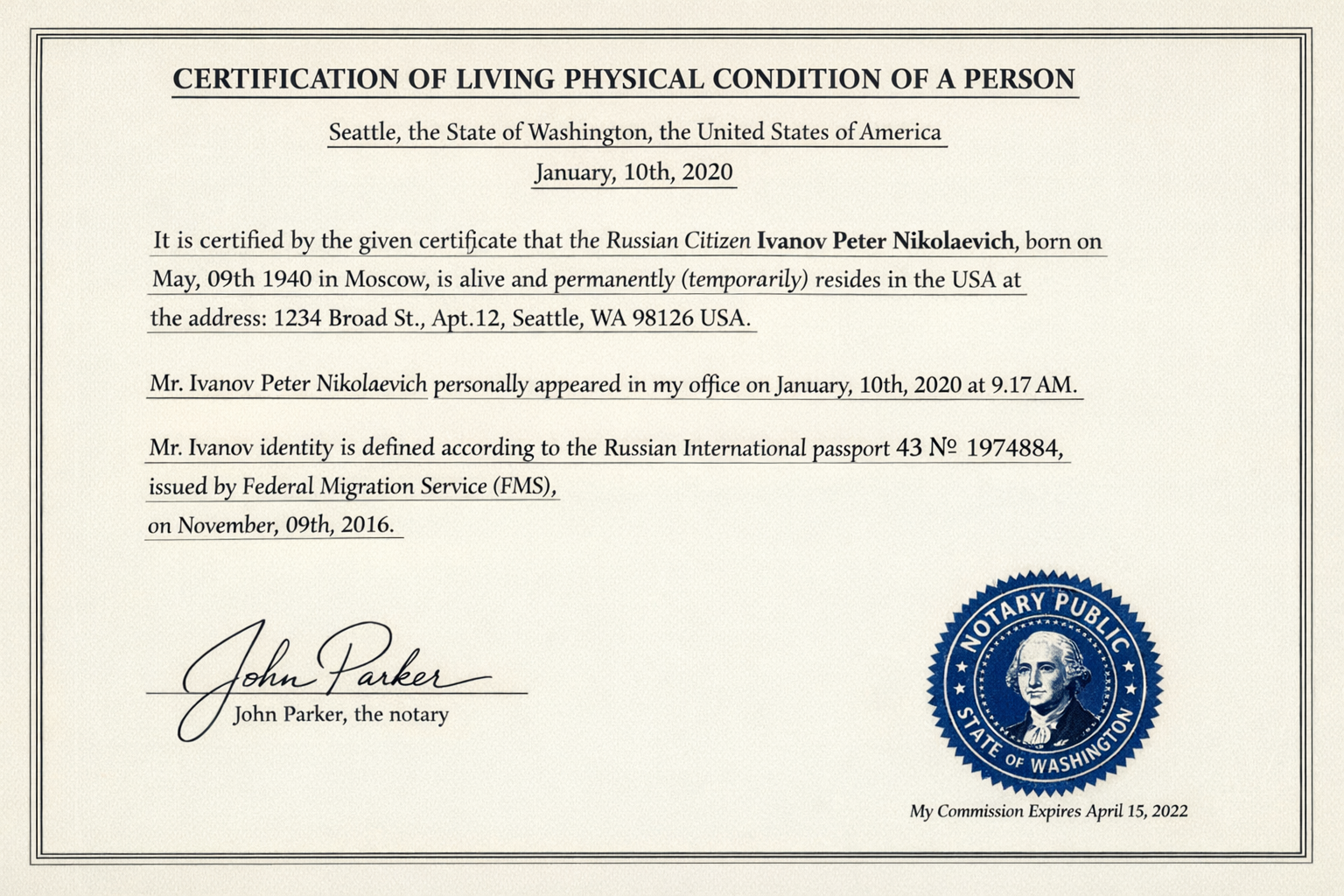 Certificate of Being Alive in USA issued by notaries | Dokument USA